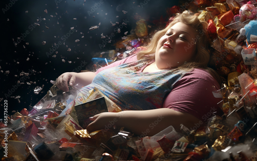 An AI-generated image of a woman, nestled beneath discarded candy ...