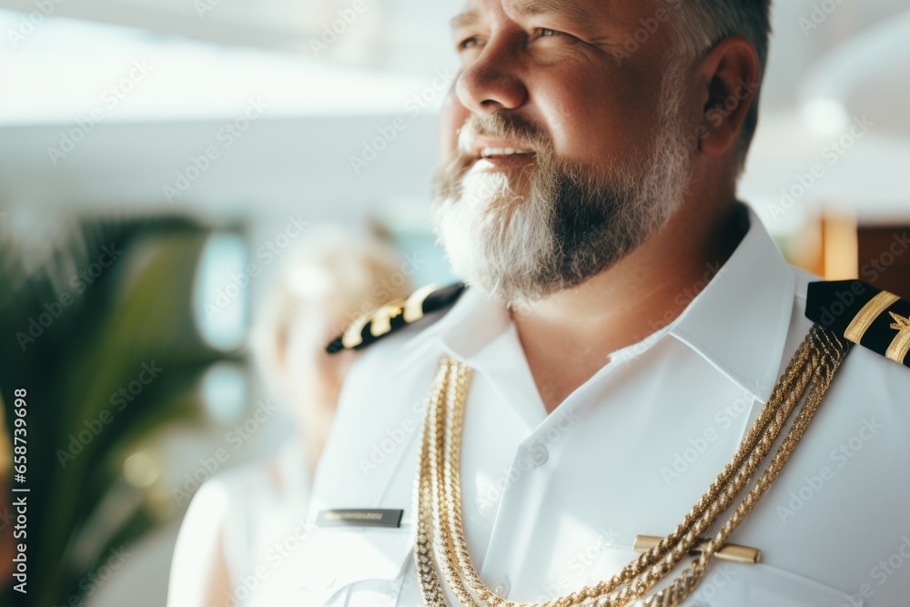 Portrait confident mature Caucasian male man guy captain cruise ocean ...