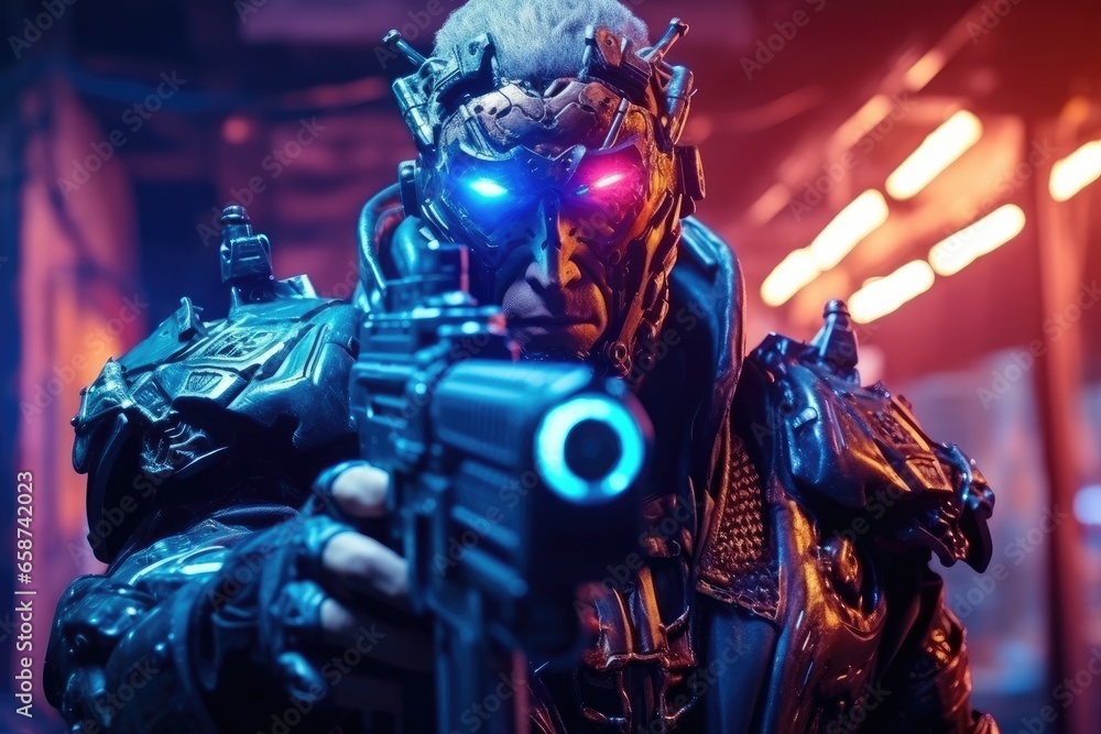 In a futuristic world, a cybernetic soldier, equipped with high-tech ...