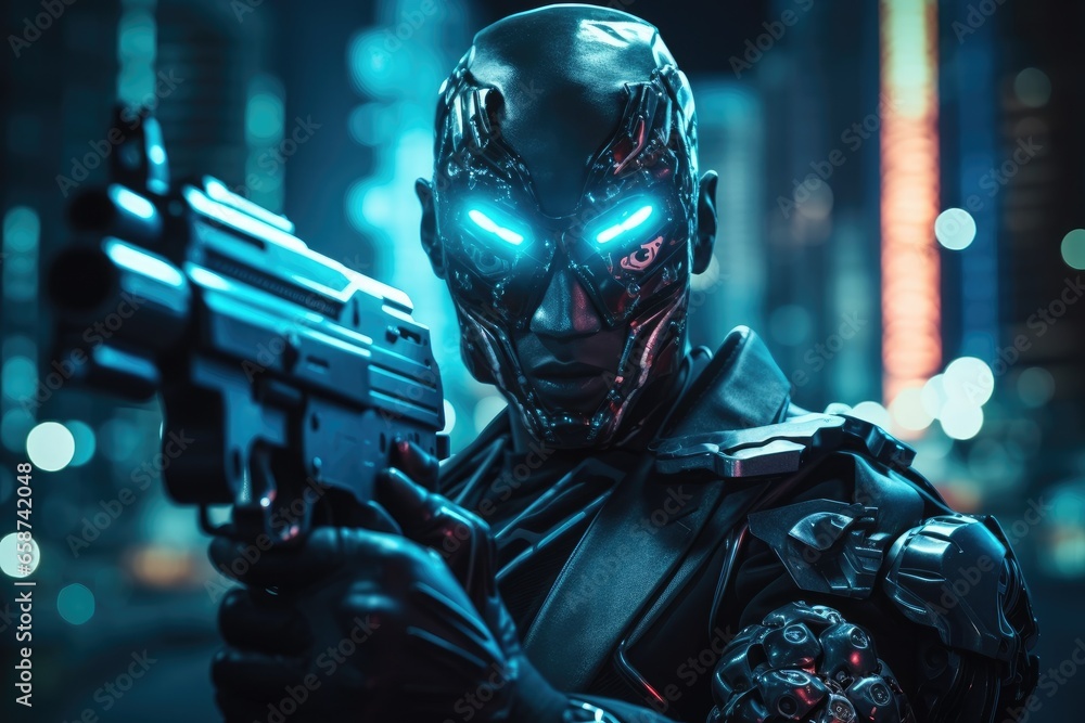 In a futuristic world, a cybernetic soldier, equipped with high-tech ...