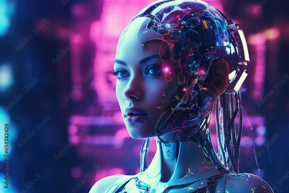 In a futuristic world, a beautiful female cyborg model with metallic ...