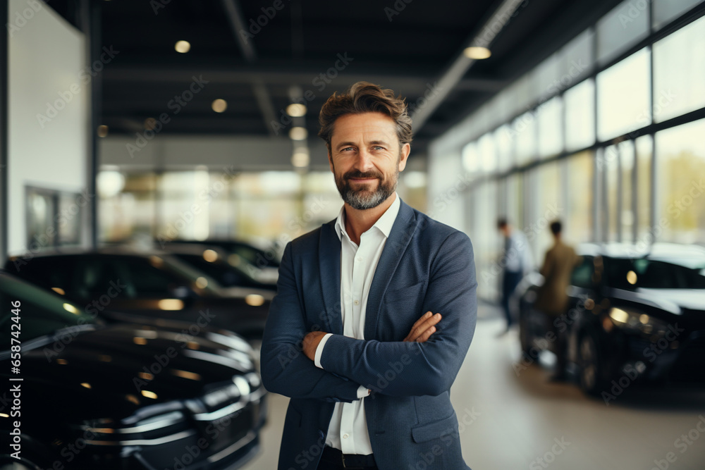 Smiling friendly car seller dressed in suit standing in car salon ...
