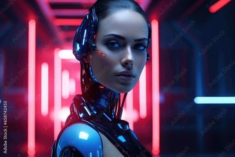 In a futuristic world, a beautiful female cyborg model with metallic ...