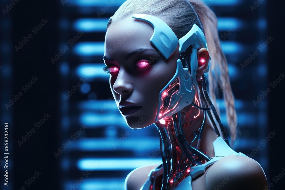 In a futuristic world, a beautiful female cyborg model with metallic ...