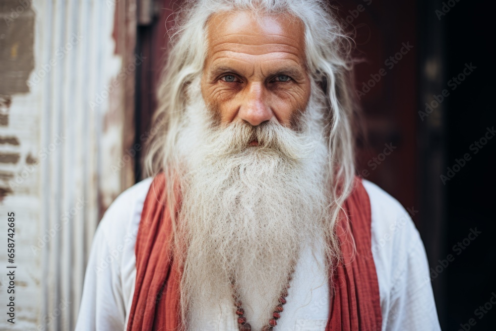 Portrait serious calm wise elderly Indian man gray hair long beard ...