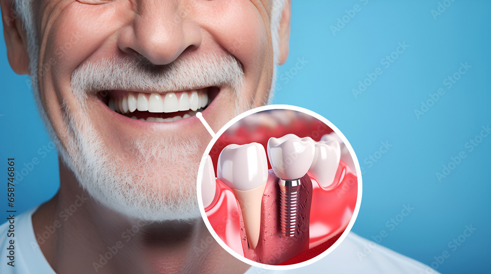 Cropped smile of an elderly man with a gray beard and perfect teeth and ...