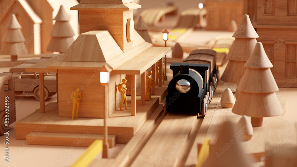 Wooden miniature toy train set with warm lighting and plain background ...