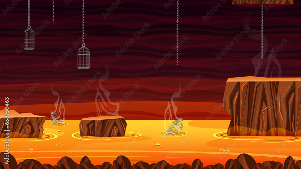 Infernal Dark Cave with Lava Scene volcano Illustration Background ...