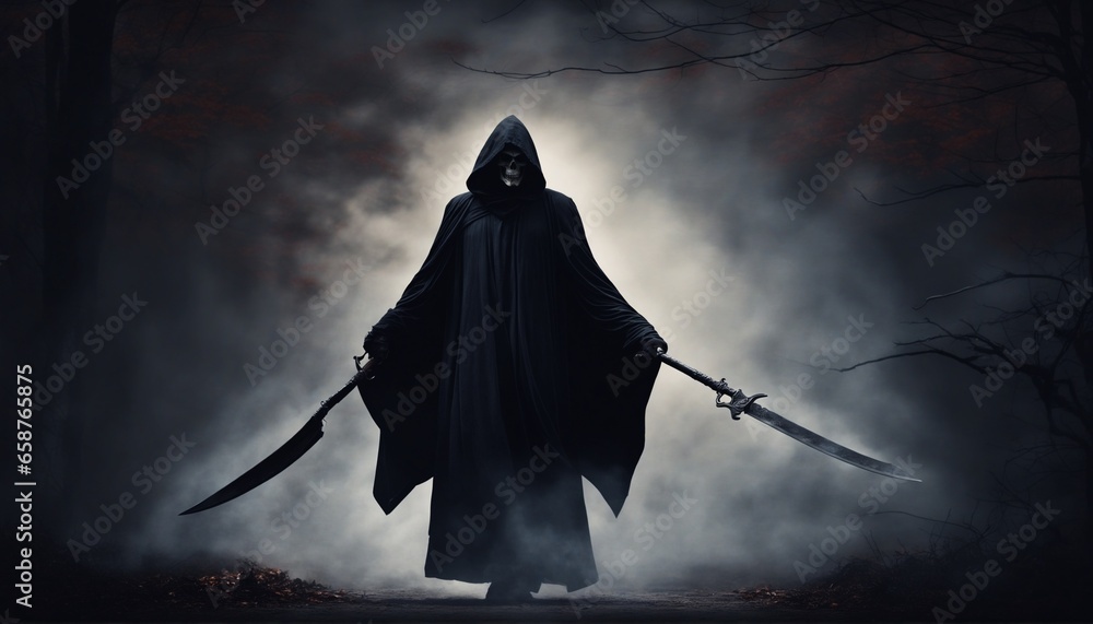 Grim reaper reaching towards the camera over dark, misty background ...