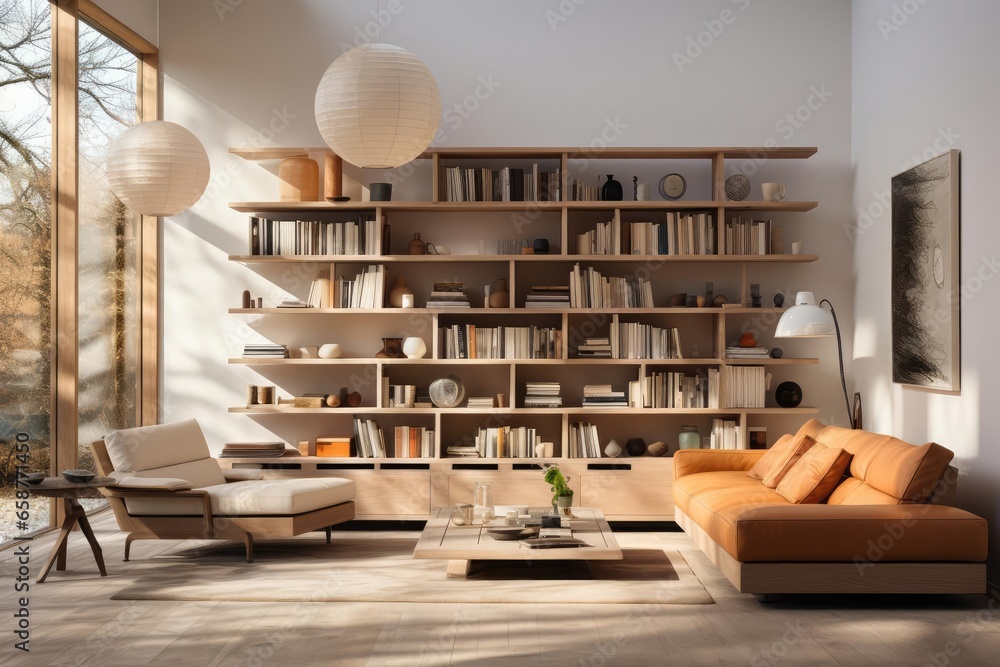 modern minimalist scandinavian library with light natural materials ...