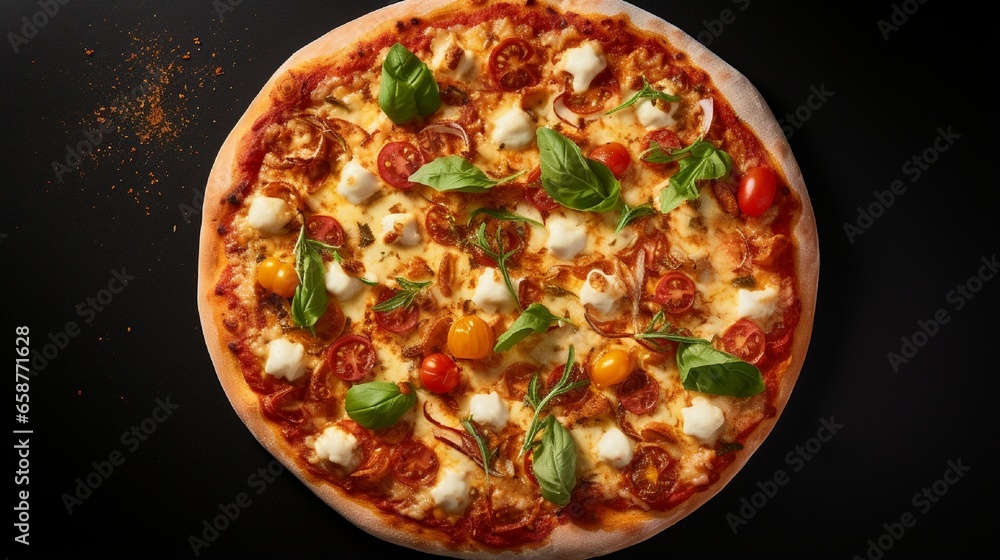 An overhead shot of a gourmet pizza, with bubbling cheese and fresh ...