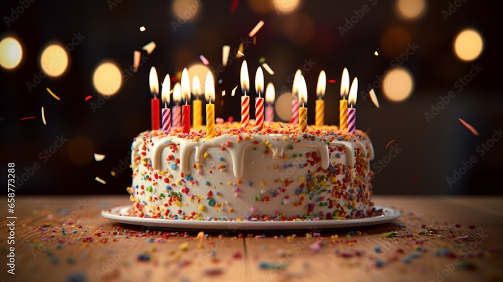 The visual appeal of a celebratory birthday cake with flickering candles, placed on a simple ...