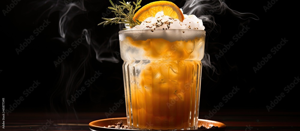 Foamy cocktail with rosemary and metal straw made from dried oranges ...