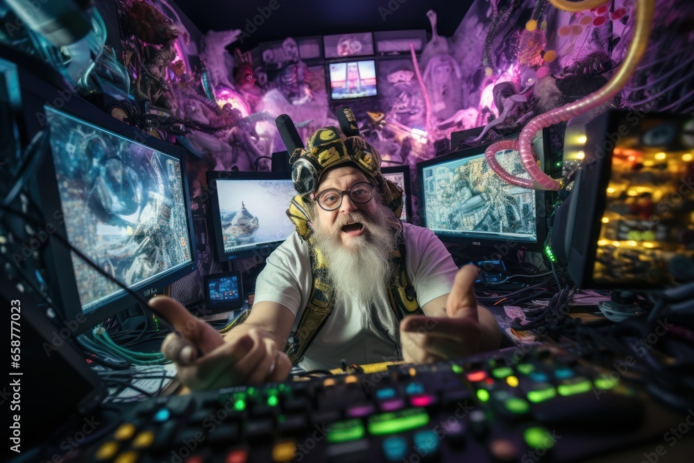 funny portrait of a very excited eager computer game influencer, ai ...