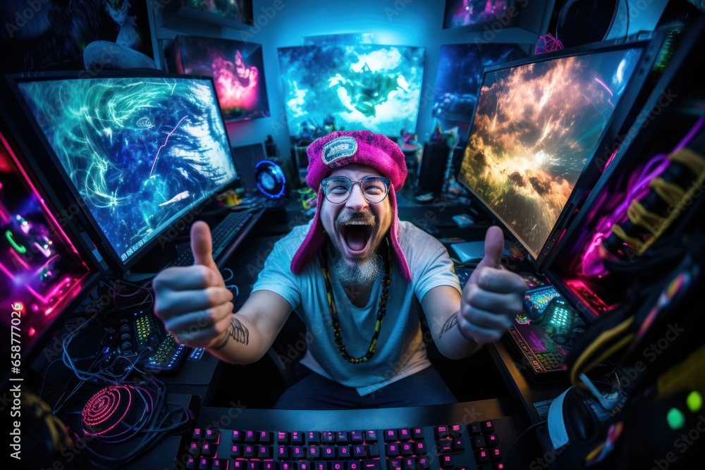 funny portrait of a very excited eager computer game influencer, ai ...