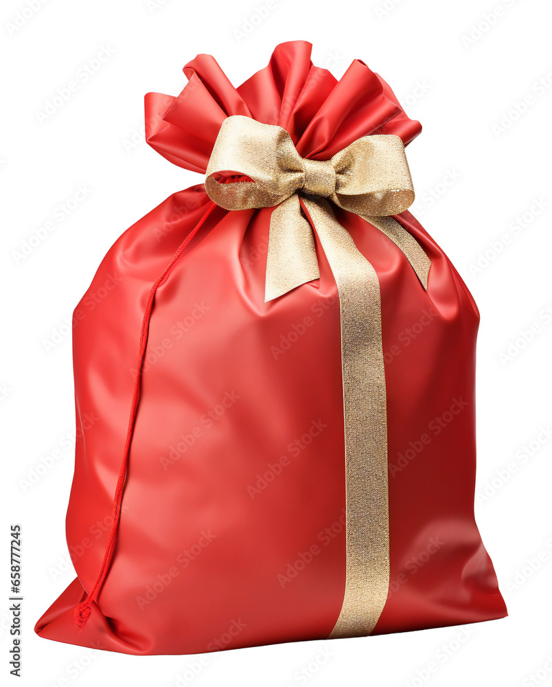 Bag. A red sack tied with a gold ribbon and a bow. Festive sack ...