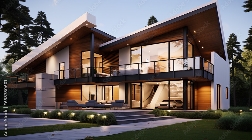 Contemporary two story house with angular roof and balcony Stock ...