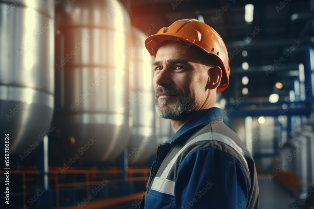 A man wearing a hard hat in a factory. This image can be used to ...