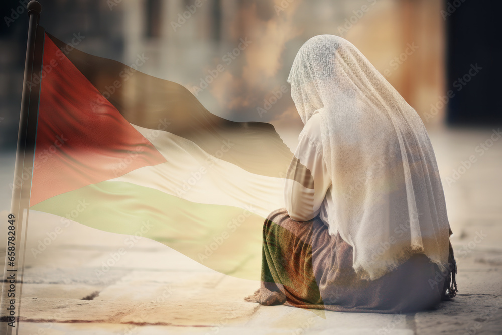 Muslim woman praying with Palestine flag in the background. Pray for ...