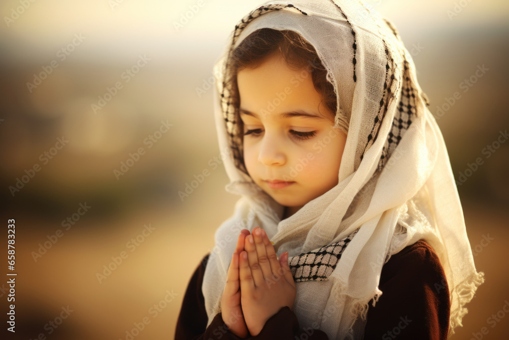 Cute little muslim girl praying on the nature background. Stock Photo ...