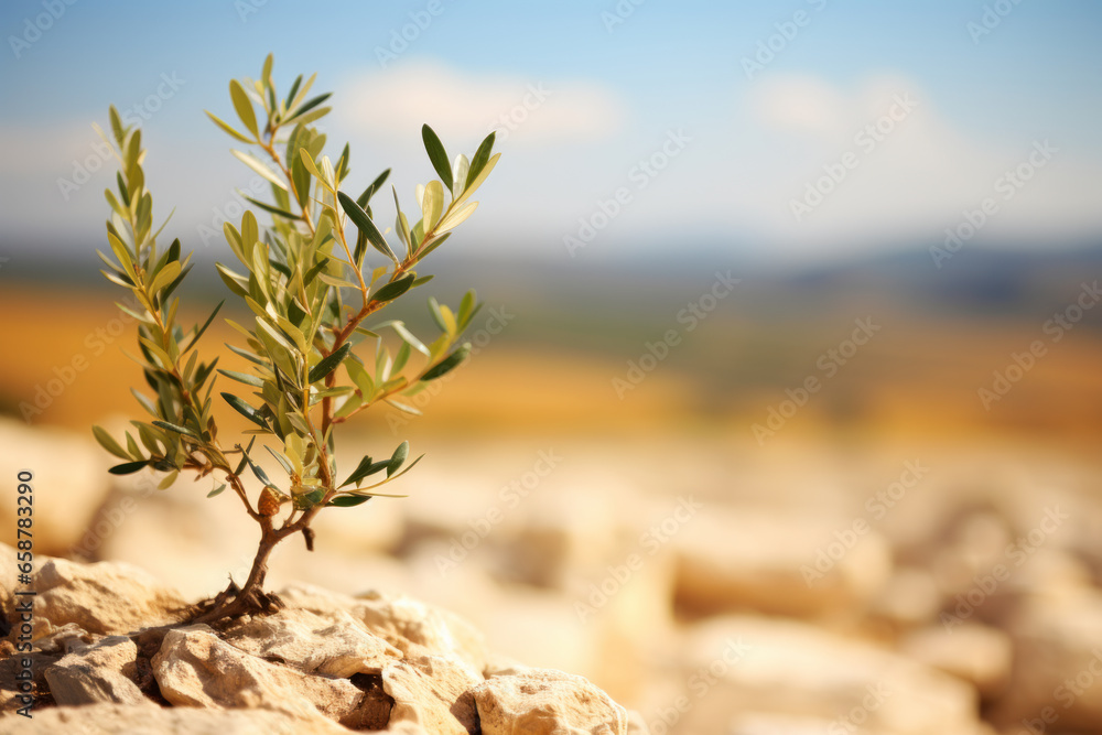 Olive tree growing on the rocks against the background of Palestine ...
