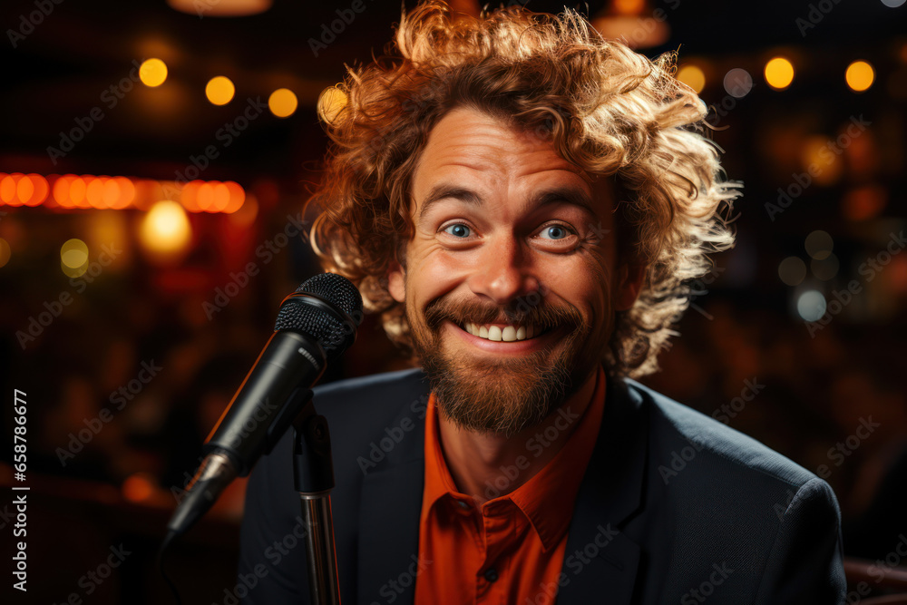 A stand-up comedian using puns and wordplay to create laughter ...