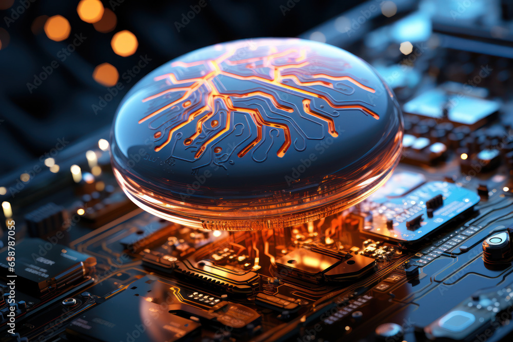 A futuristic brain implant connecting to a computer interface ...