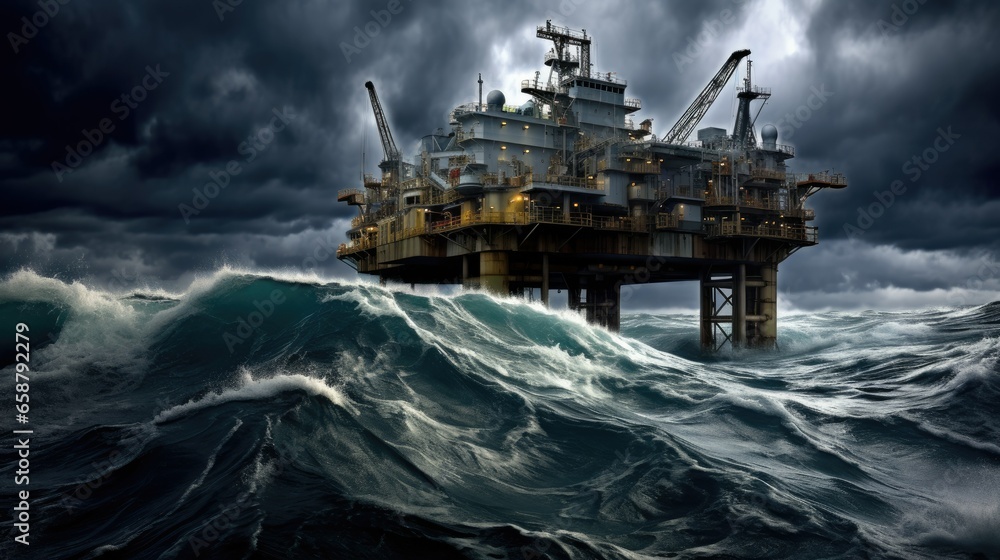 Offshore oil platform under stormy sky, waves crashing. Low-angle shot ...