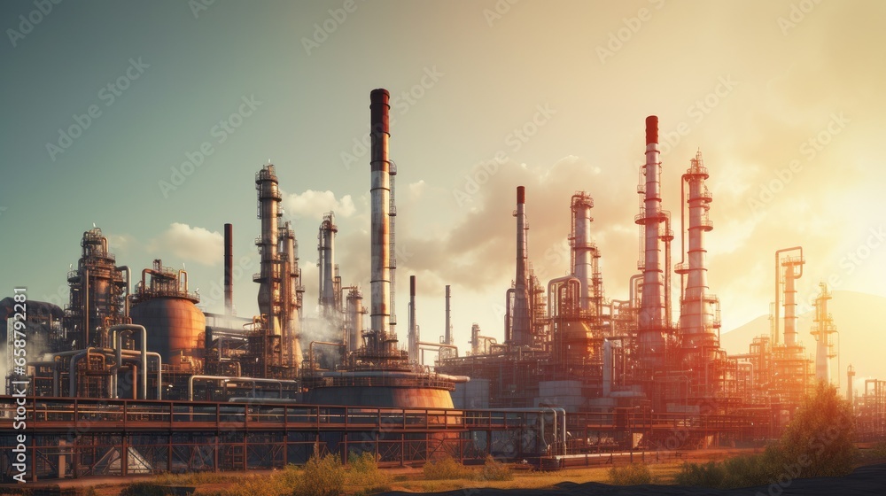 Sunset view of an oil refinery complex, with towering smoking chimneys ...