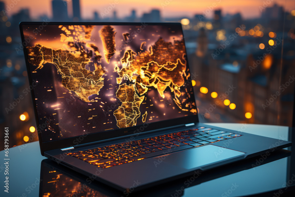 Foto de An open laptop with a world map on the screen, showcasing the ...