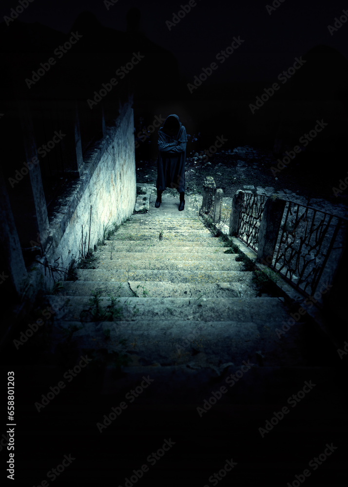 Abandoned stone stairs, with a scary monster waiting at the end. Creepy ...