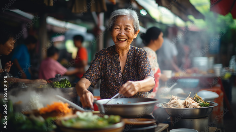 Asian lady cooking traditional dish in outdoor street food market in ...