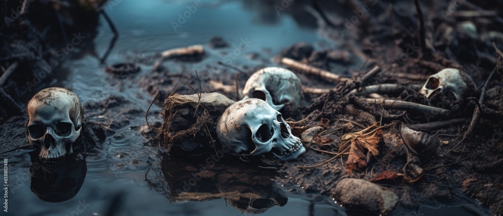 Skeletal remains of fallen warriors of war, human skulls and bones ...