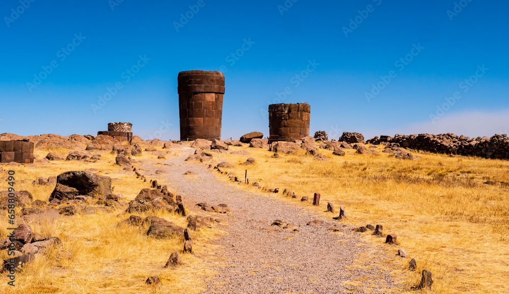 Amazing view of Sillustani archeological site and its iconic funeray ...