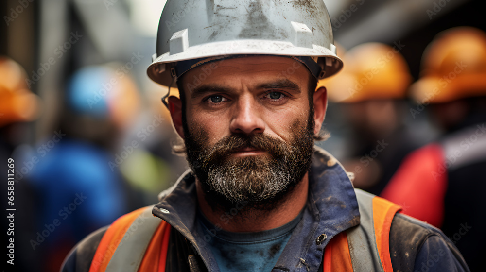 a resilient construction worker stands amidst a bustling construction ...