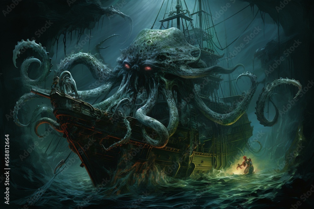 Supernatural vessel with spectral buccaneer, entwining limbs, and ...