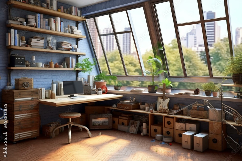 Bright workspace with desktop and storage near wide window. Generative ...