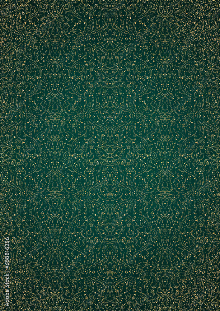 Hand-drawn unique abstract gold ornament on a dark green cold ...