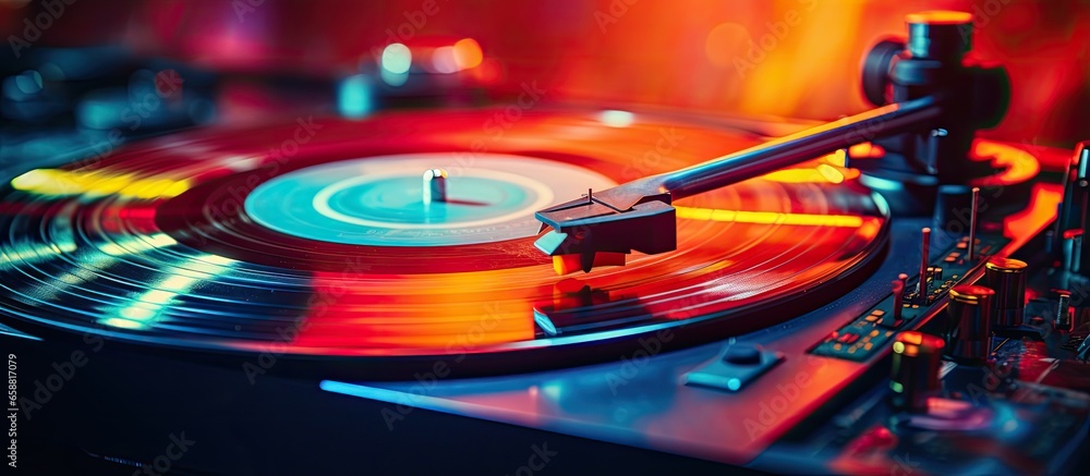 Close up shot of a vinyl playing on a turntable with needle abstract ...