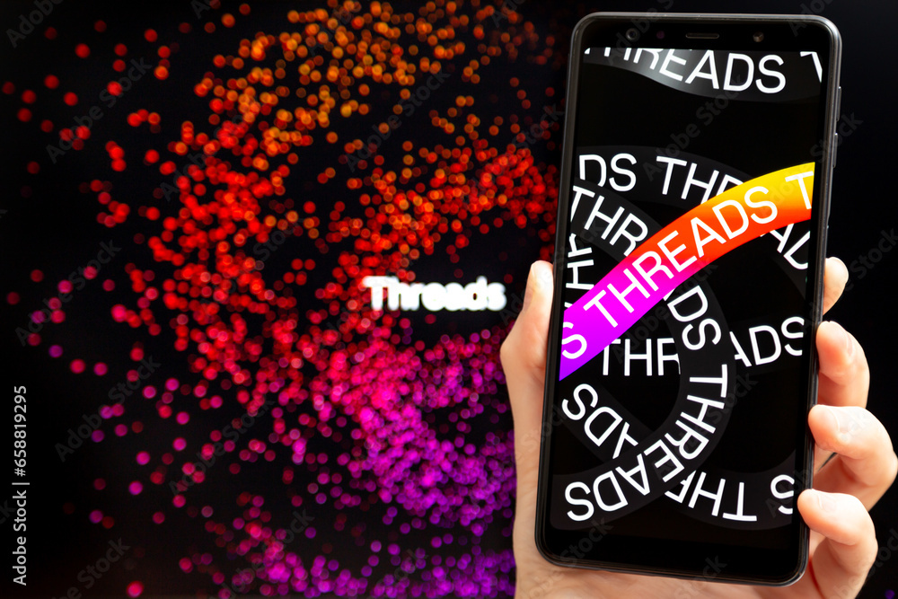 Ukraine, Odesa - July, 7 2023: Hand holding mobile with Threads app ...