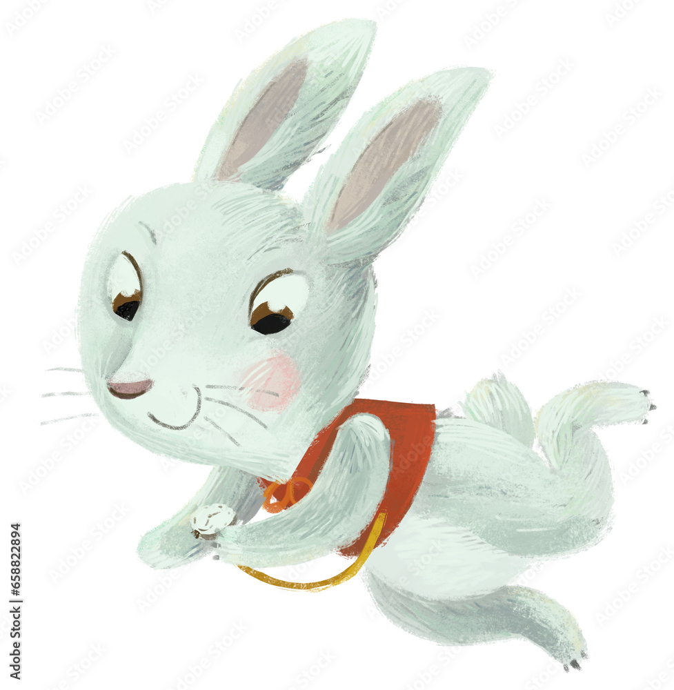 Cartoon rabbit running in hurry with clock in its hand paw isolated ...