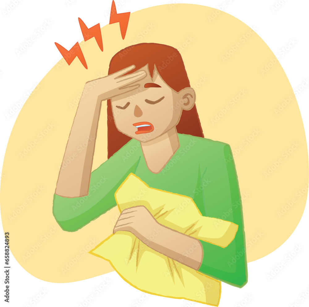Sick woman vector illustration. Tired person under stress and ...