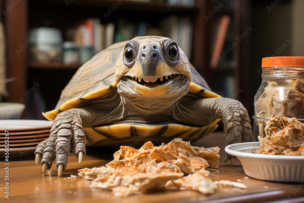 turtle is on top of a table with food, laughing, animal memes, humorous ...