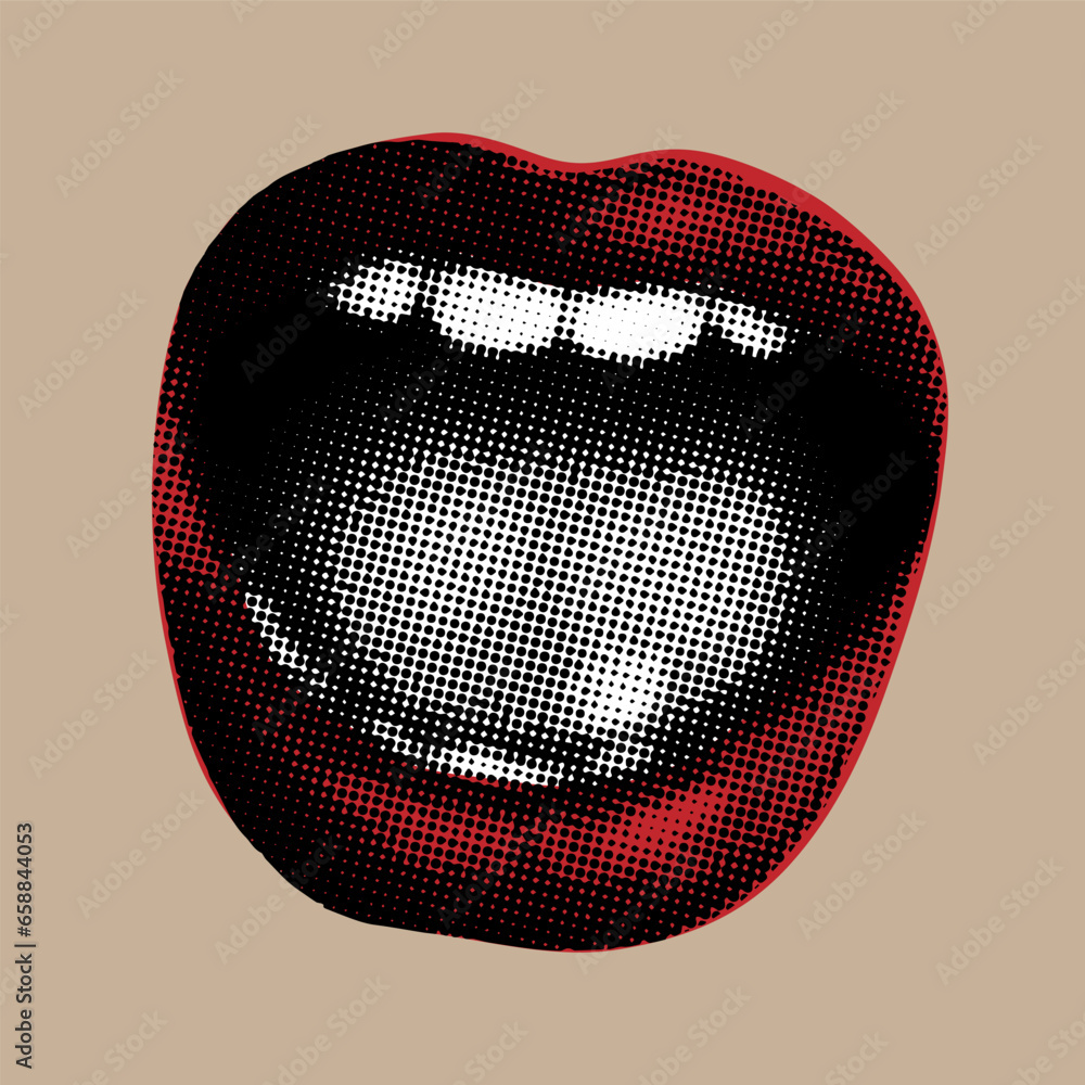 Halftone open screaming mouth with red lips. Collage design lips in ...