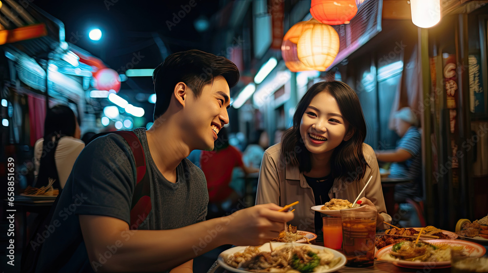 Young Asian couple traveler tourists eating Thai street food together ...