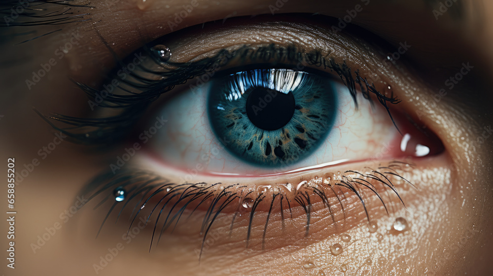 Sad woman concept - closed eyelid closeup with a teardrop on eyelashes ...