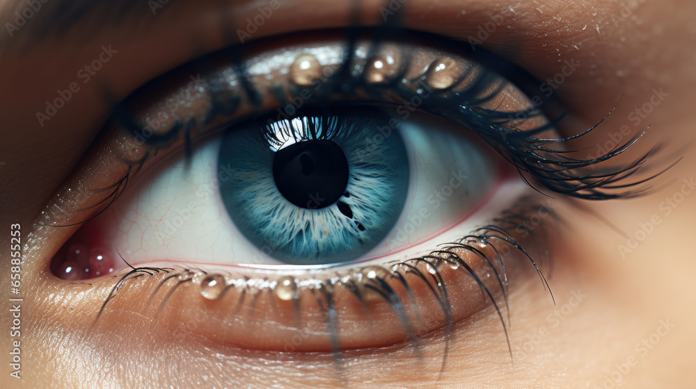 Sad woman concept - closed eyelid closeup with a teardrop on eyelashes ...