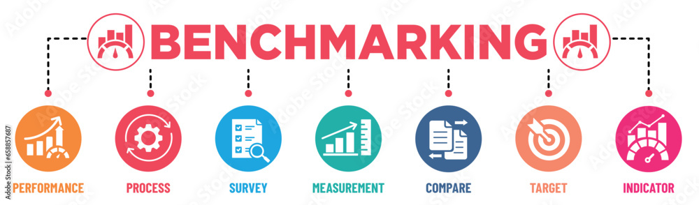 Benchmarking banner infographic rounded background colours with icons ...
