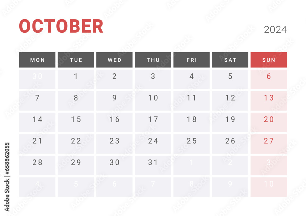 Monthly page Calendar Planner Templates of October 2024. Vector layout ...