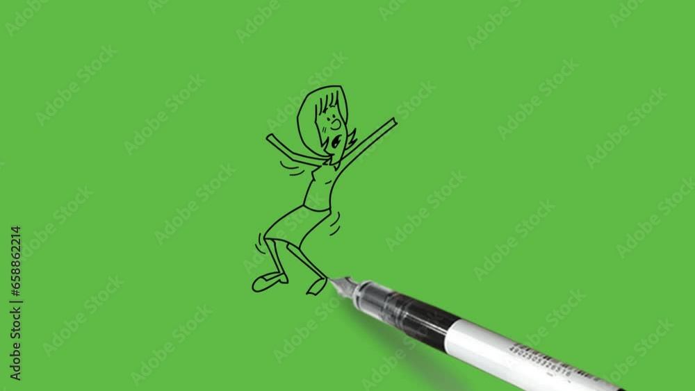 draw young girl standing happily full of excitement with knees bent in ...